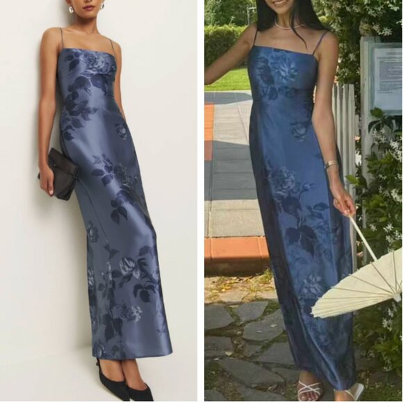 Reformation | Dresses | Best Reformation Frankie Silk Maxi Dress Gown Trieste Border Blue Floral ...
